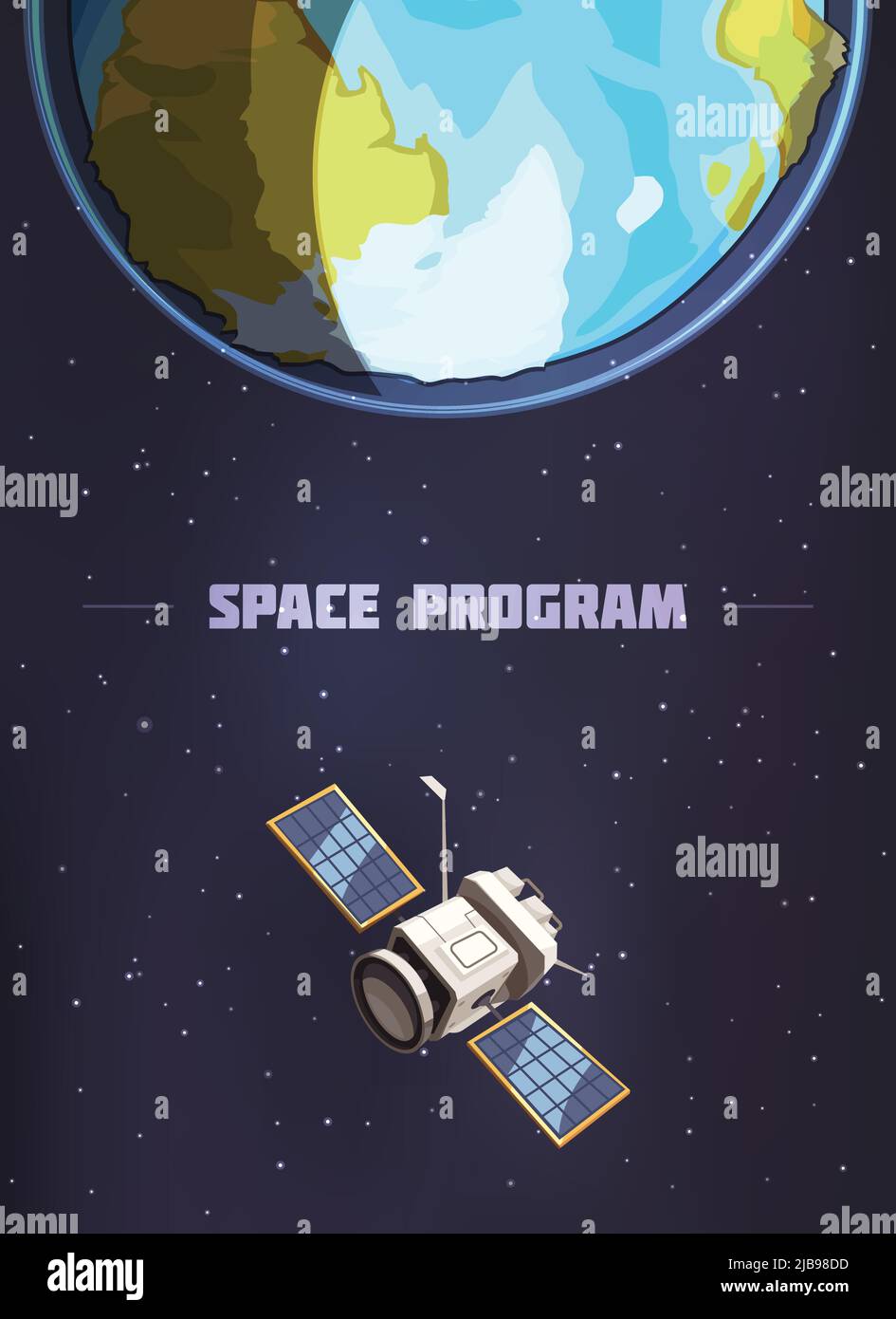 Space program poster with artificial earth satellite flying against ...