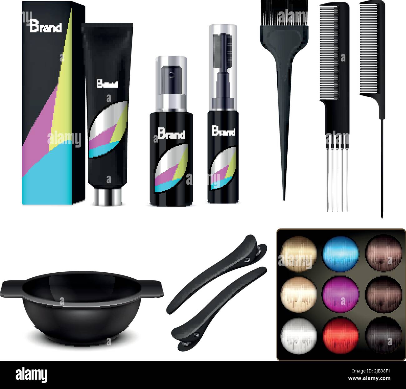 Hair coloring set of realistic icons with branded hair dye packages ...