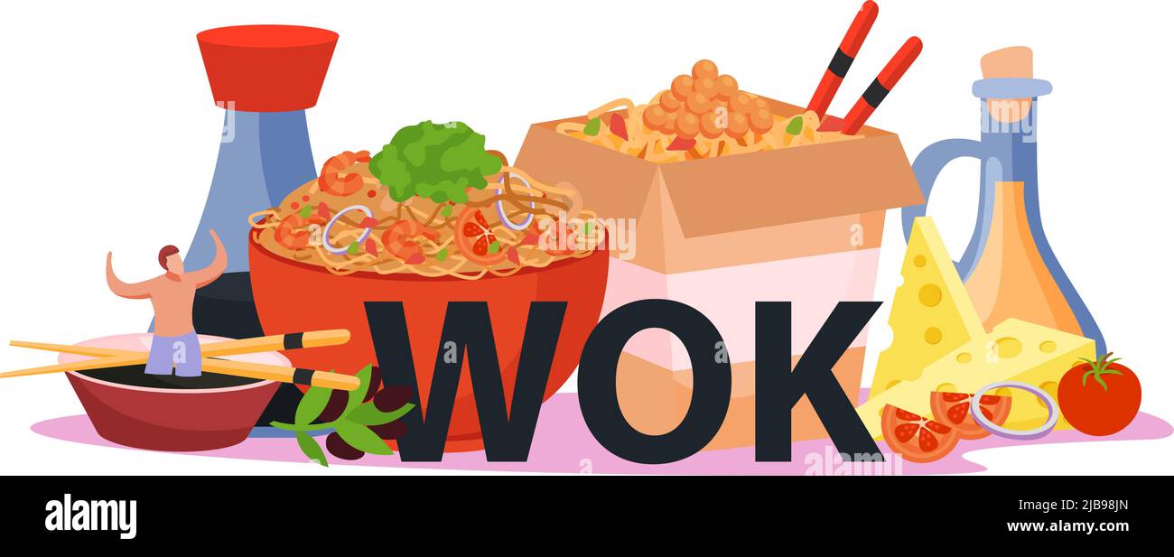 Wok box flat composition with images of asian fast food meal with ...