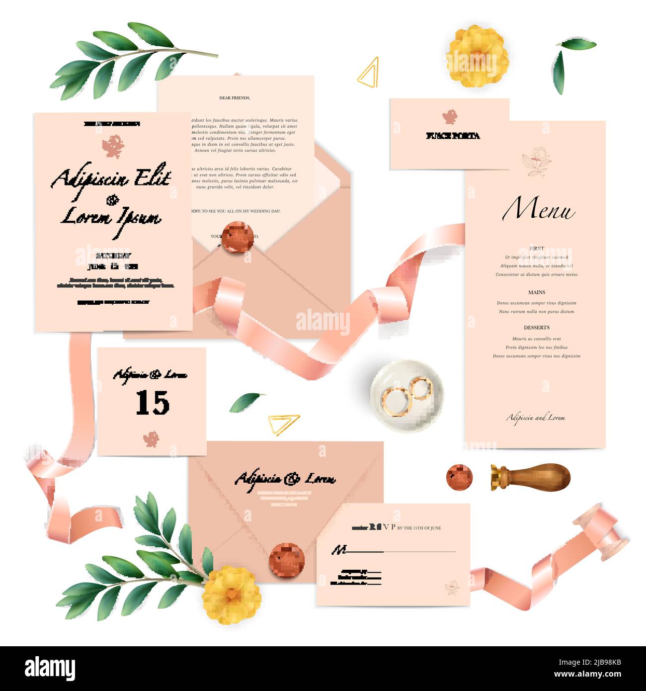 Realistic set of pink wedding invitation templates with text seal and ...
