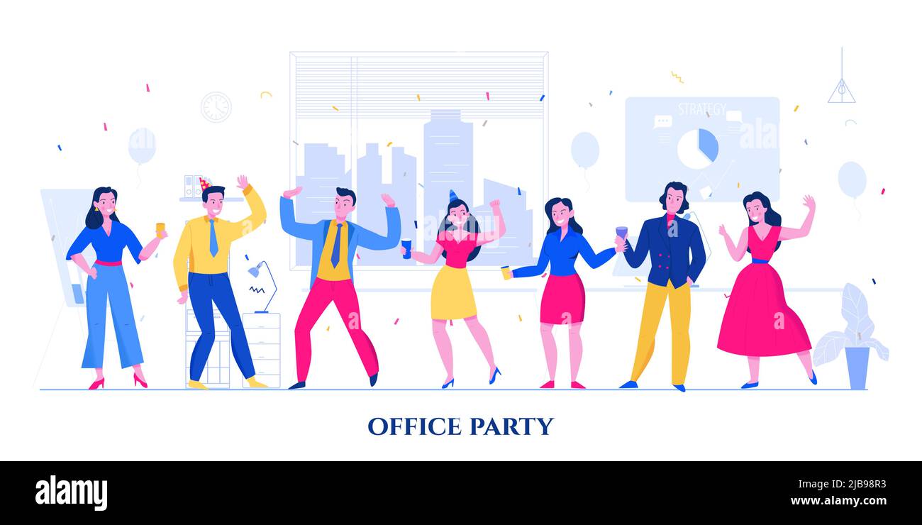 Dancing colleagues in bright suits and dresses at office party flat ...