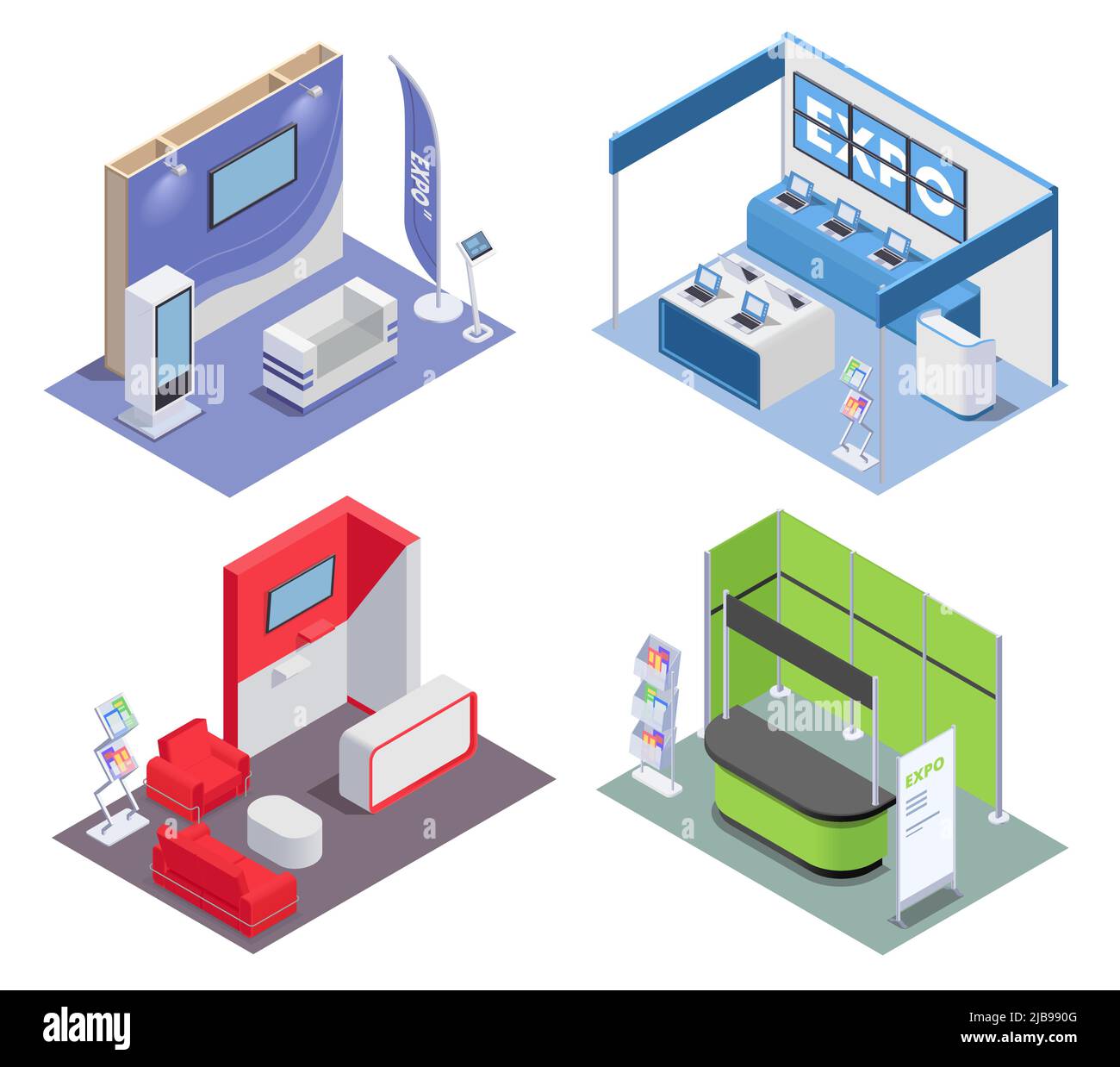 Isometric 2x2 design concept with empty expo stands in rooms for ...