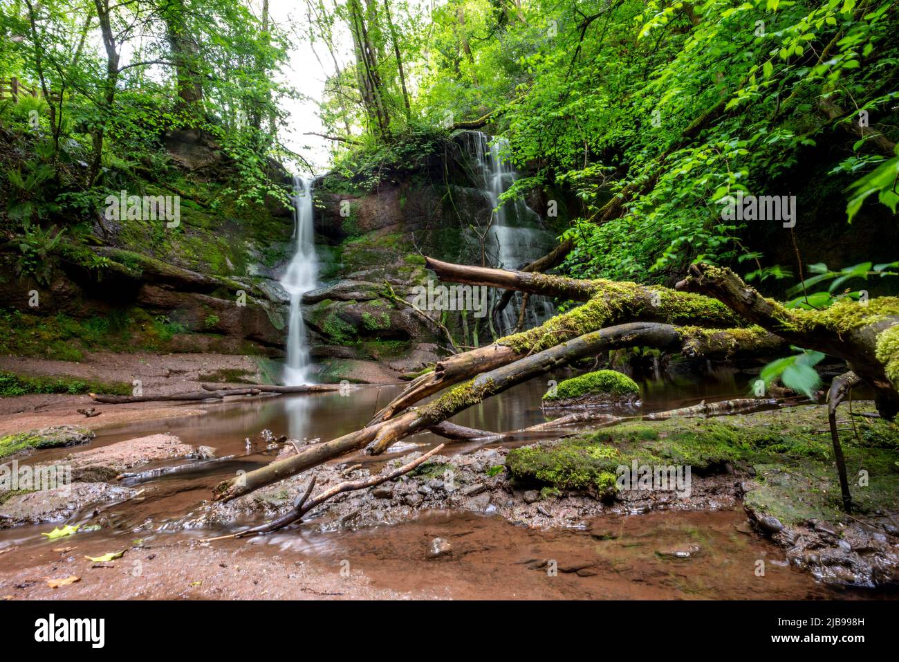 Brecon, May 15th 2022: A waterfall in Pwll Y Wrach Nature Reserve in ...