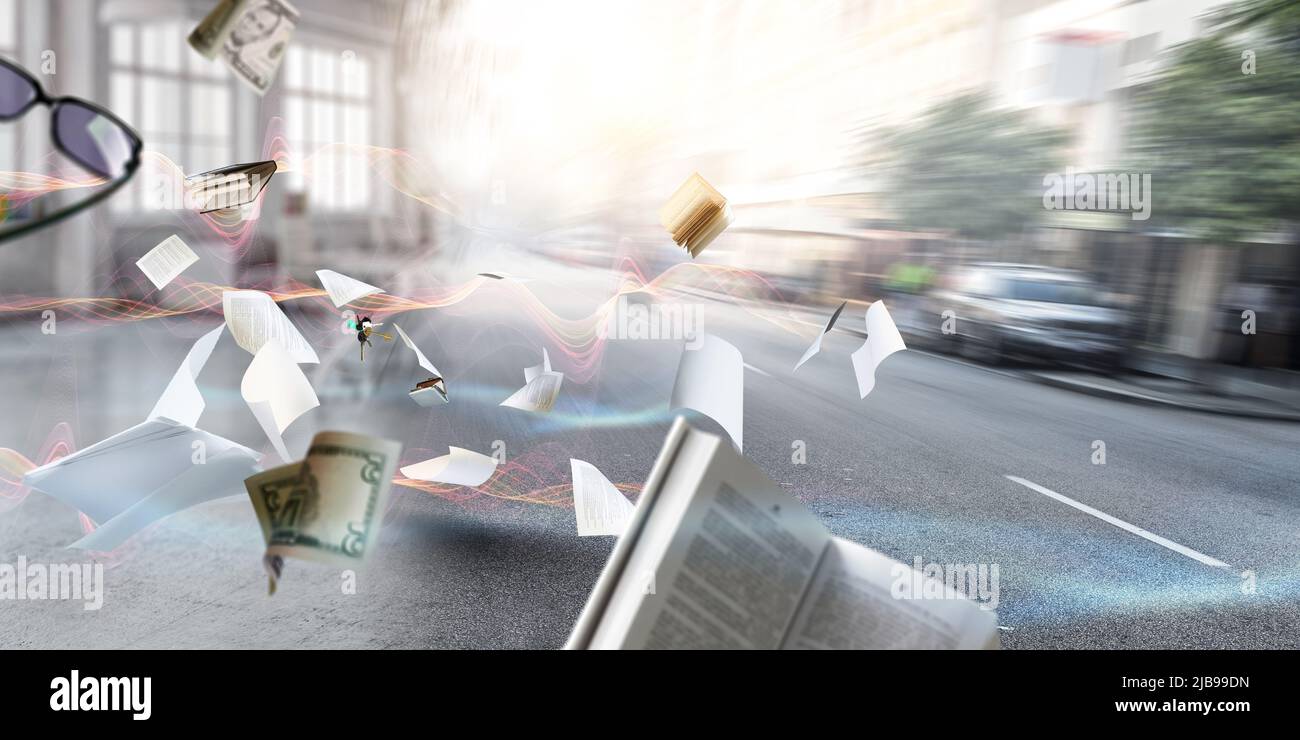 Conceptual image with business items flying in air Stock Photo - Alamy