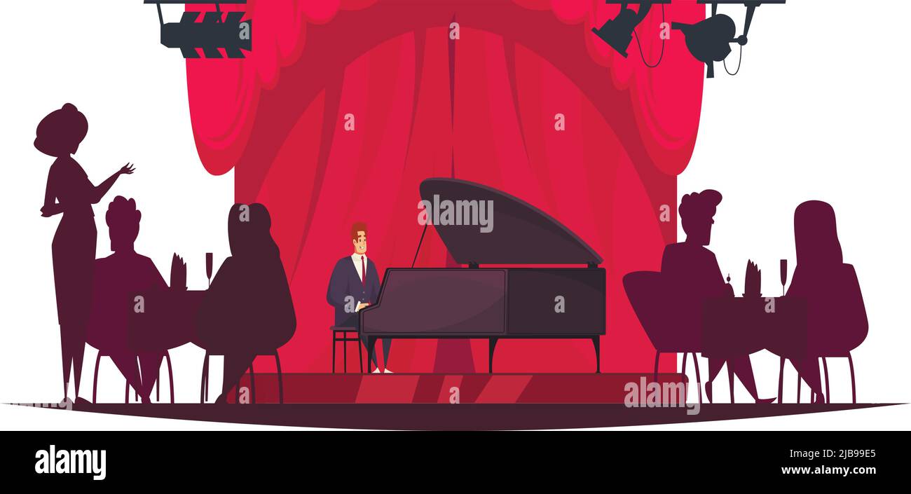 Pianist playing music live in restaurant with silhouettes of people ...