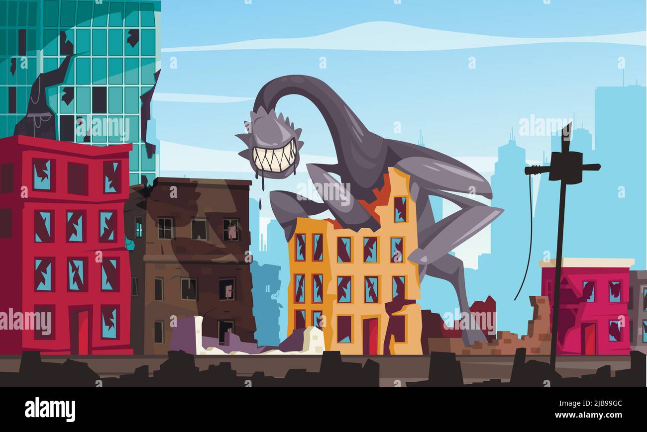 Cartoon monster with big teeth destroying city buildings vector ...