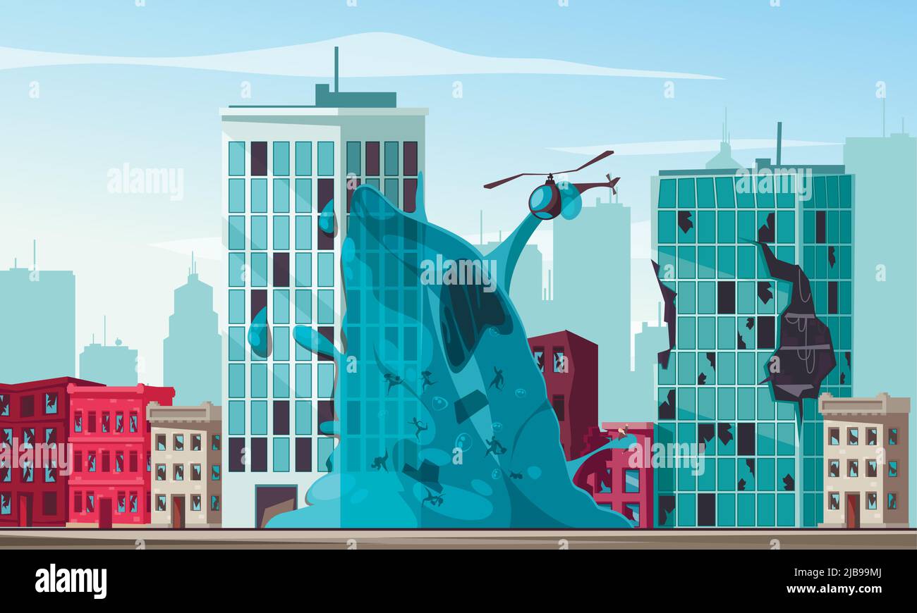 Blue slime alien attacking city and holding helicopter cartoon vector ...
