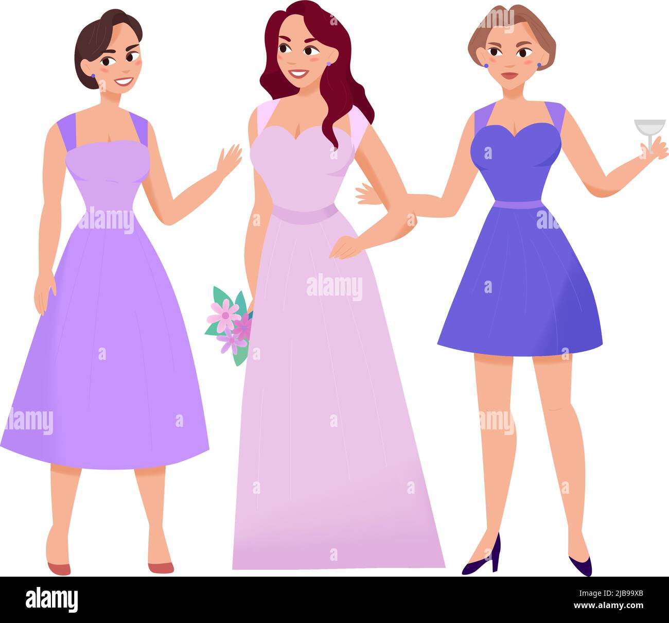 Marriage ceremony wedding day composition with female characters of ...