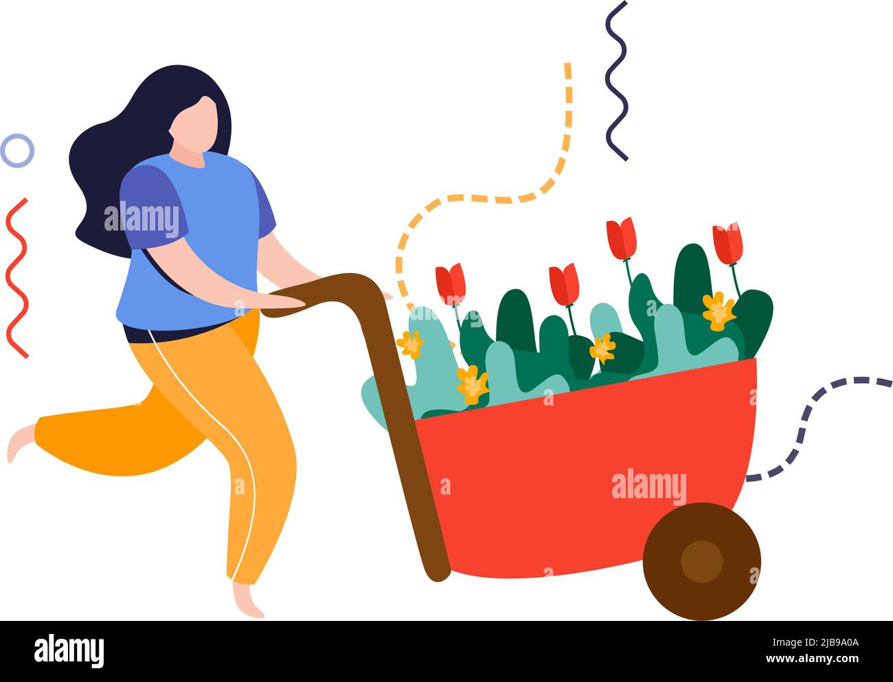Home garden flat composition with woman moving trolley full of plants ...