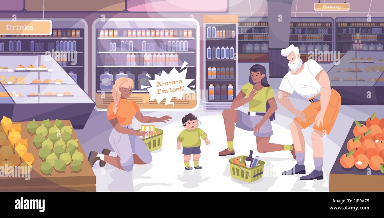 Child lost background with shopping with child symbols flat vector ...