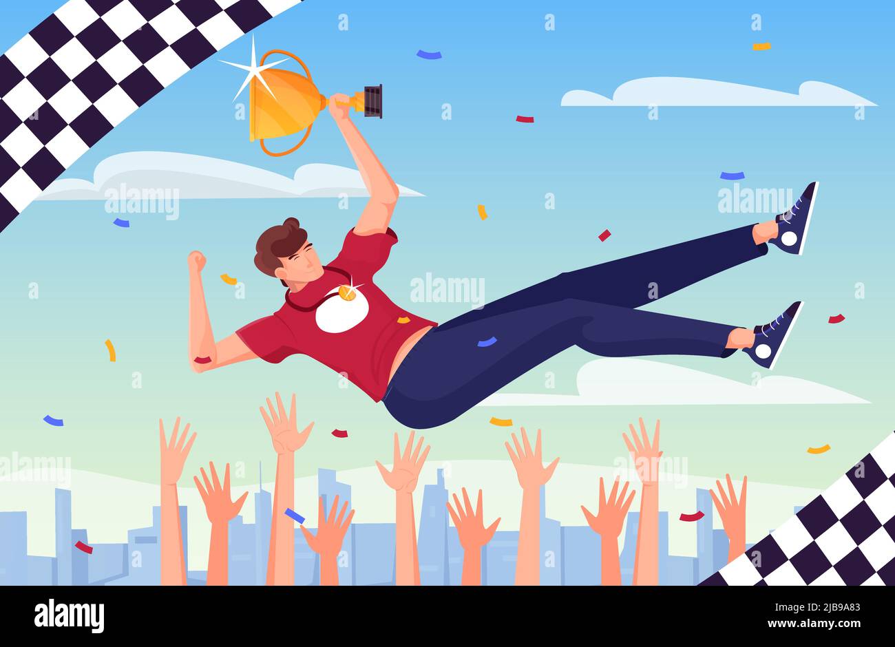 Winner thrown flat composition with checkered flags and human hands ...