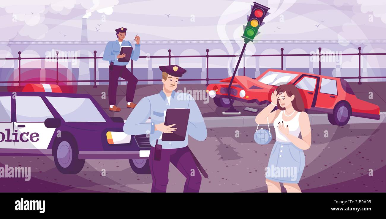 Traffic police background with car accident symbols flat vector ...