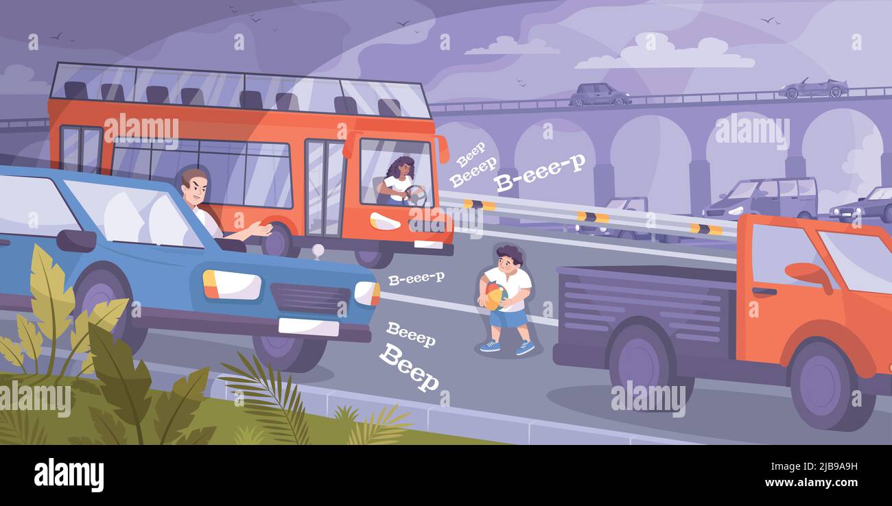 Child safety on road background with cars and kid flat vector ...