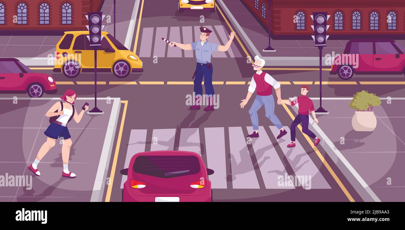Traffic police regulation background with crossroad and pedestrians ...