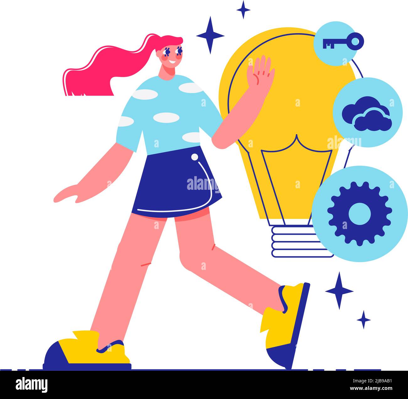 Brainstorm team work composition with character of walking woman with ...