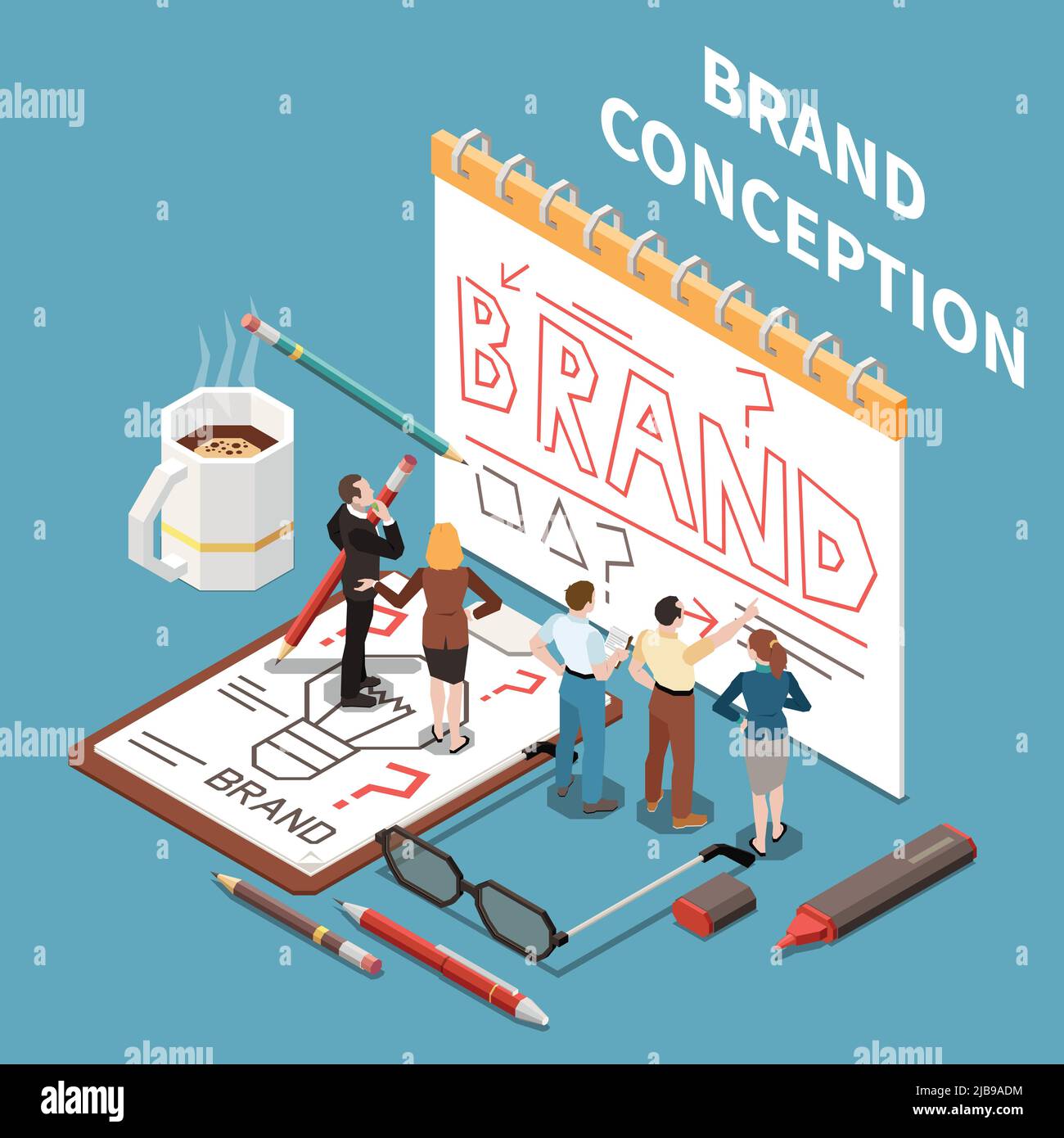 Brand building isometric concept with employees drawing on paper 3d ...