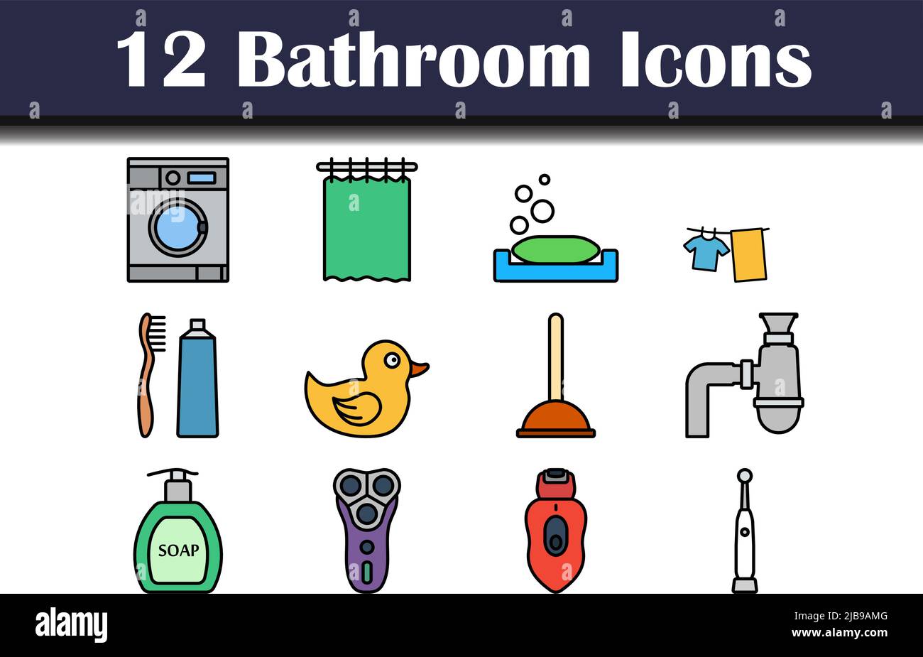 Bathroom Icon Set. Editable Bold Outline With Color Fill Design. Vector ...