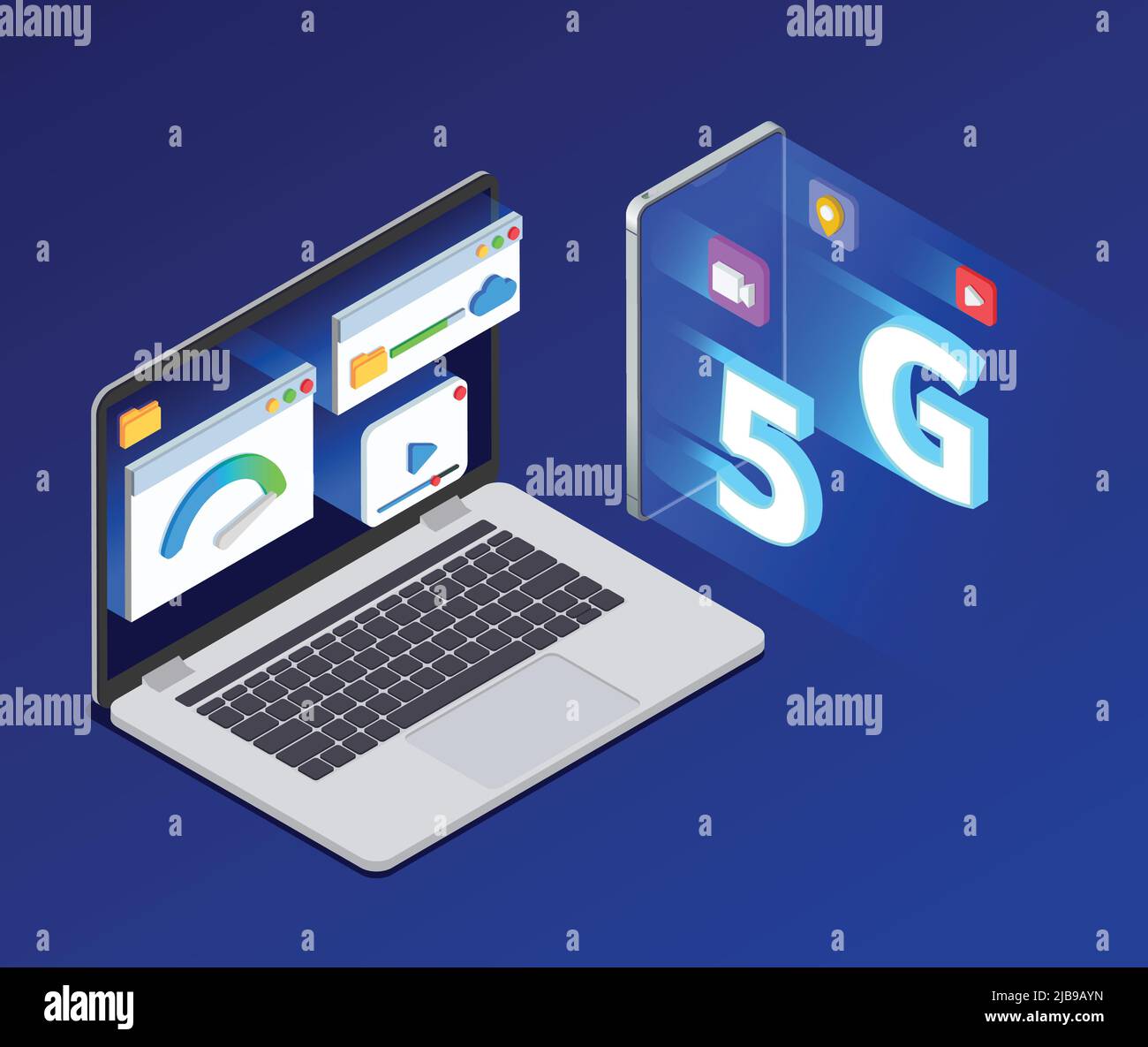5g high speed internet isometric composition with images of laptop ...