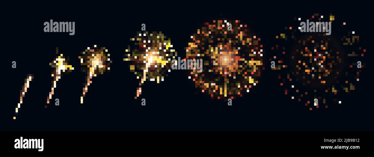 Pyrotechnics and fireworks set with animation on black background ...