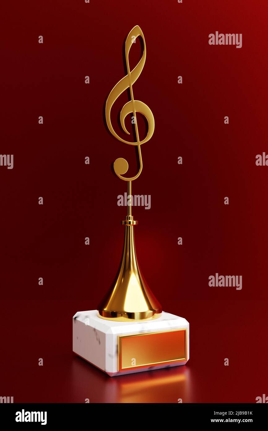 Golden music award with a treble clef on a red background, 3d ...