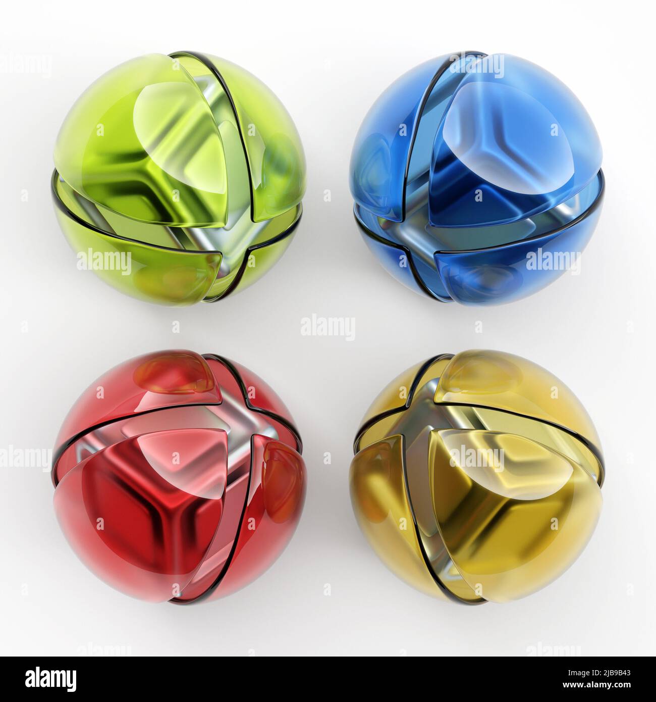 3D illustration of a four colorful lighting balls with many faces ...