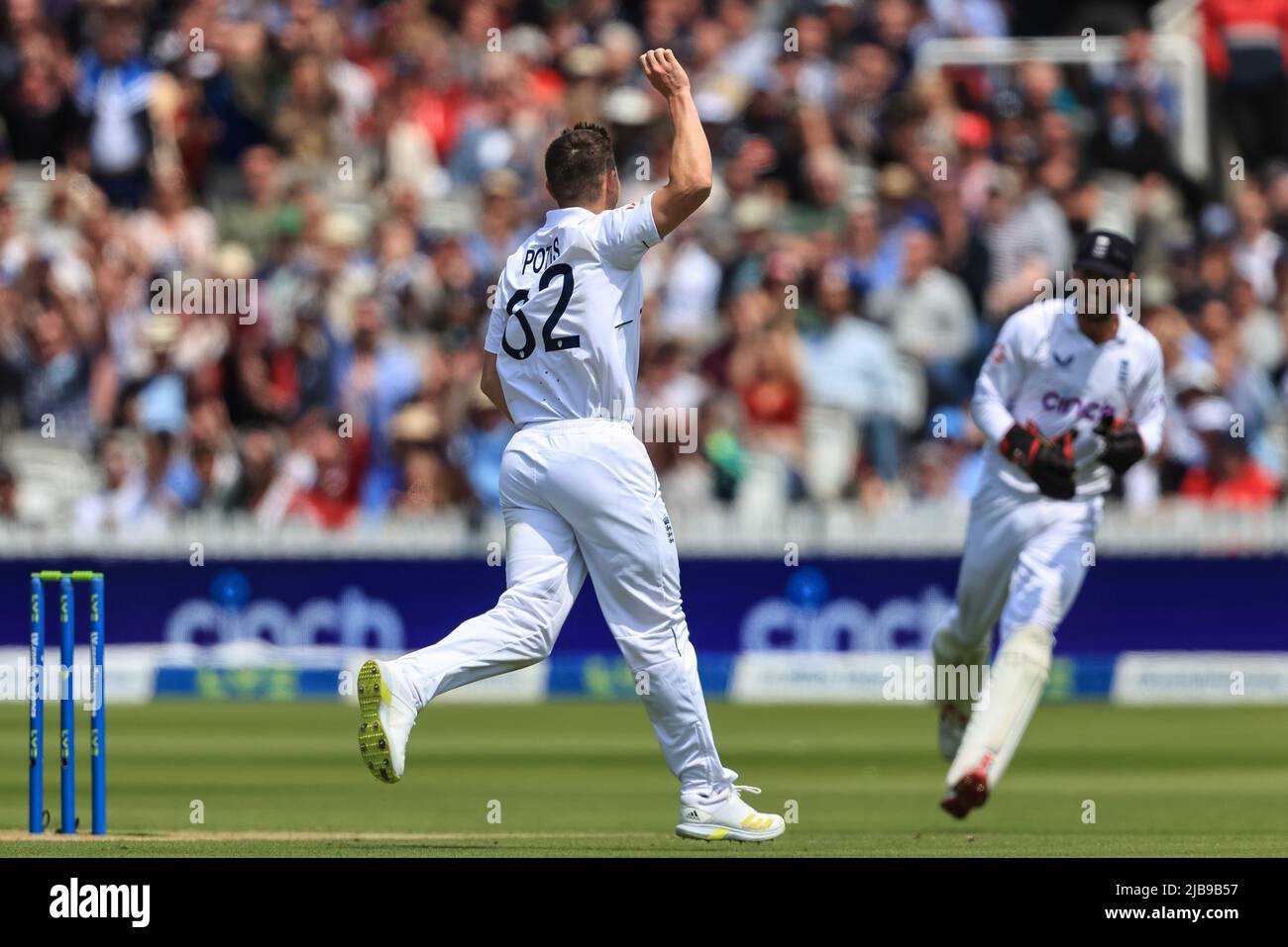 Matthew Potts of England celebrates taking Ajaz Patel of New Zealand by ...