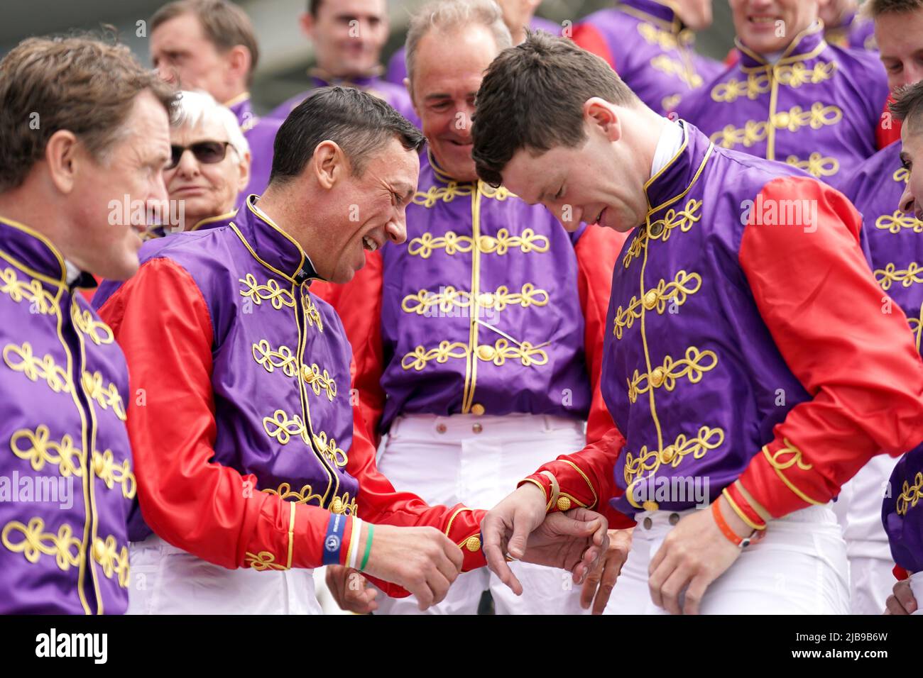 Jockeys Frankie Dettori (left) and Oisin Murphy with other jockeys who ...