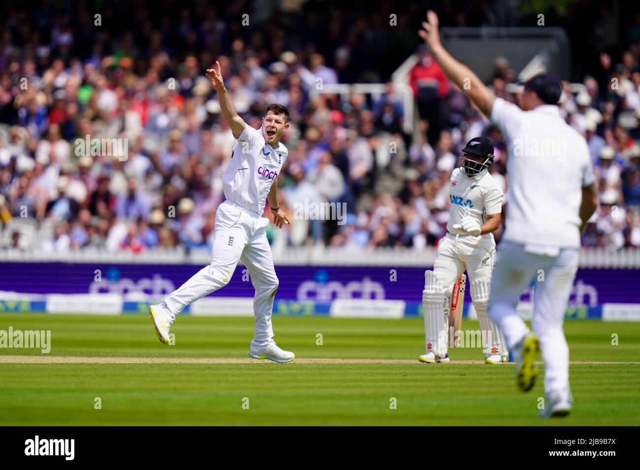 England's Matty Potts celebrates the wicket of New Zealand's Ajaz Patel ...