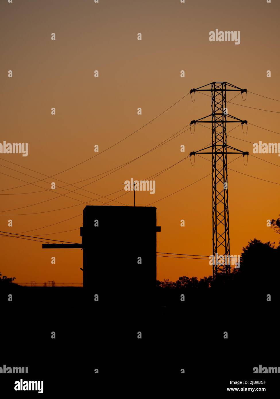 Electricity tower in the light of sunset on a plain. Vertical image. hq ...