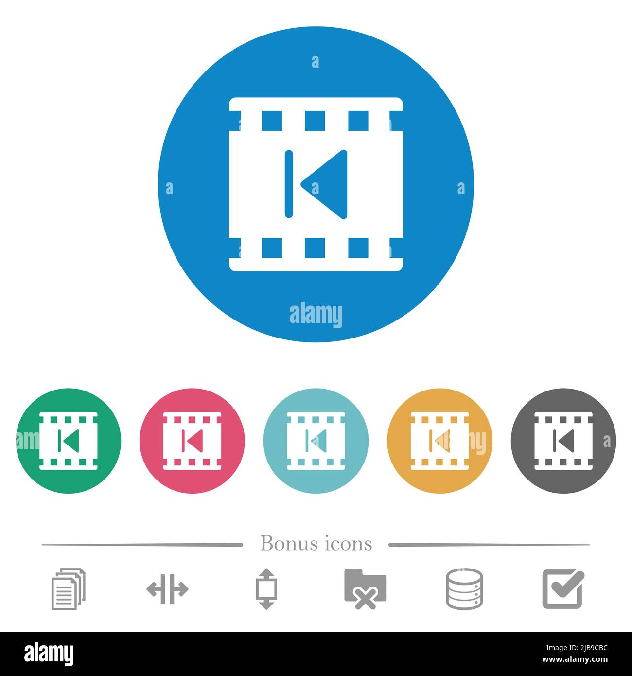 Previous movie flat white icons on round color backgrounds. 6 bonus ...