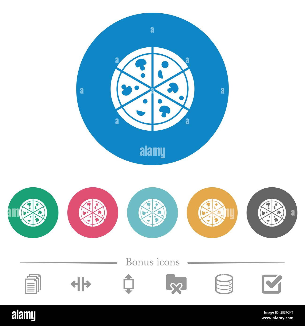 Pizza flat white icons on round color backgrounds. 6 bonus icons ...