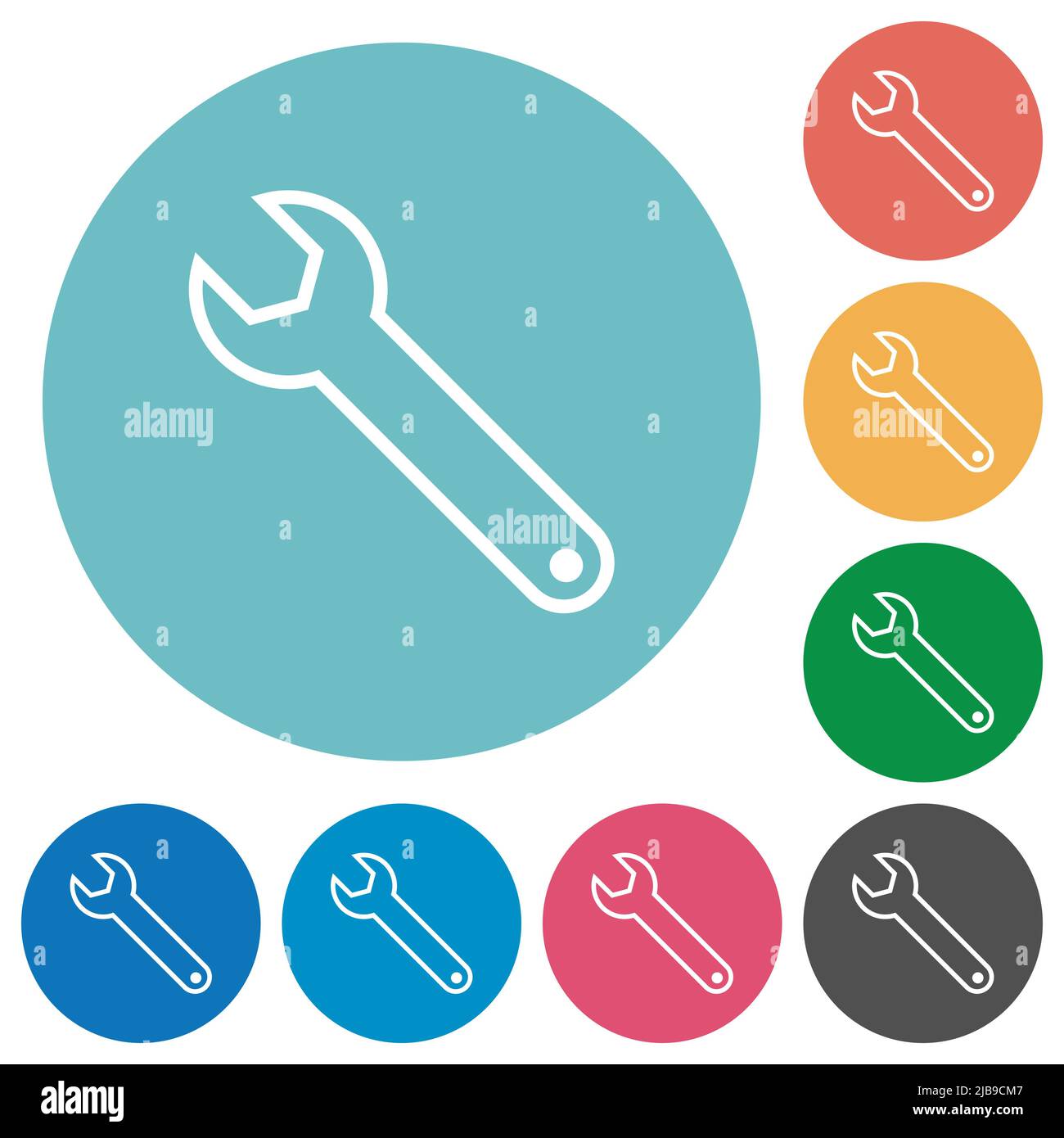 Single wrench outline flat white icons on round color backgrounds Stock ...