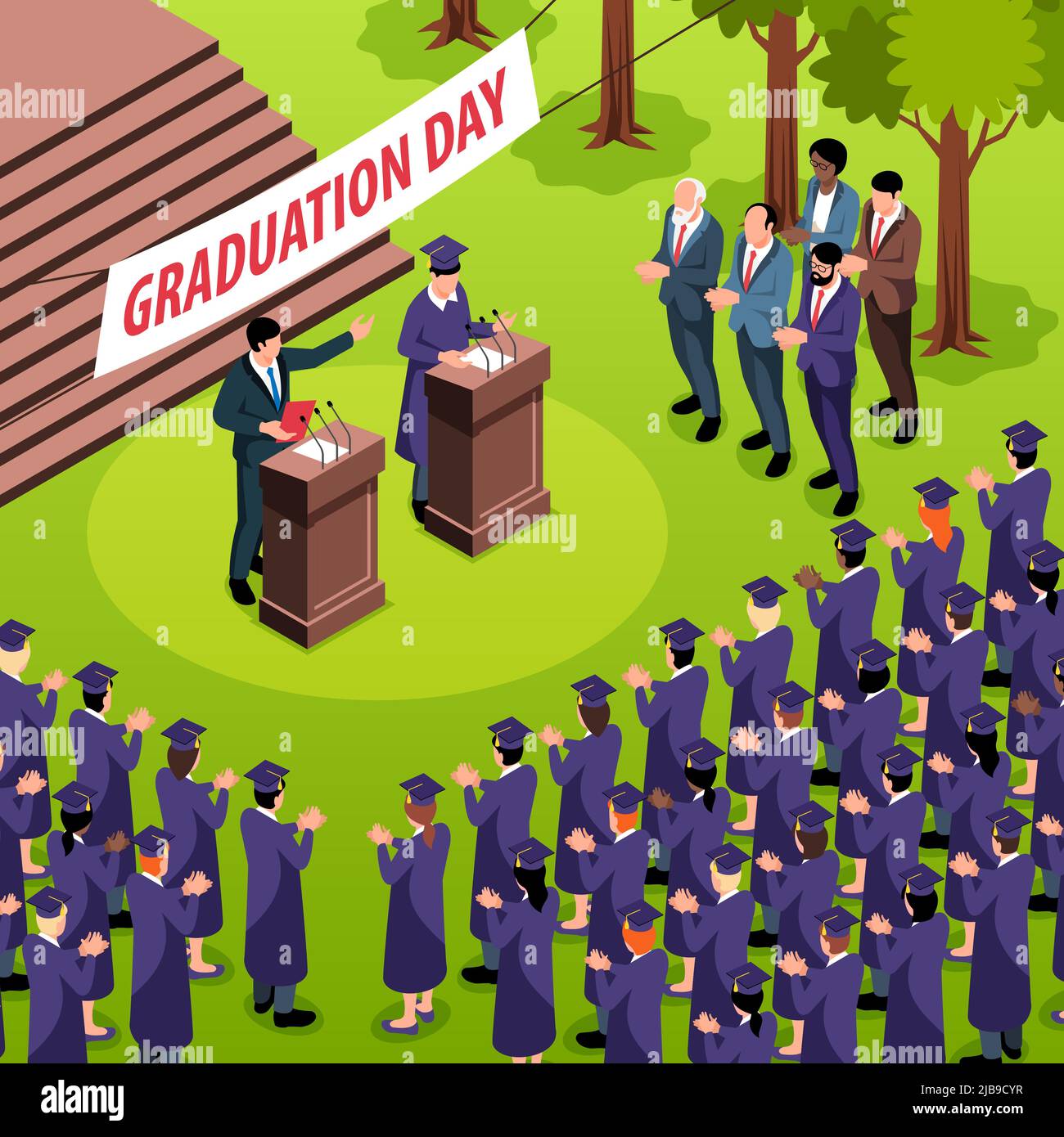 Isometric graduation composition with crowd of students in hats and ...