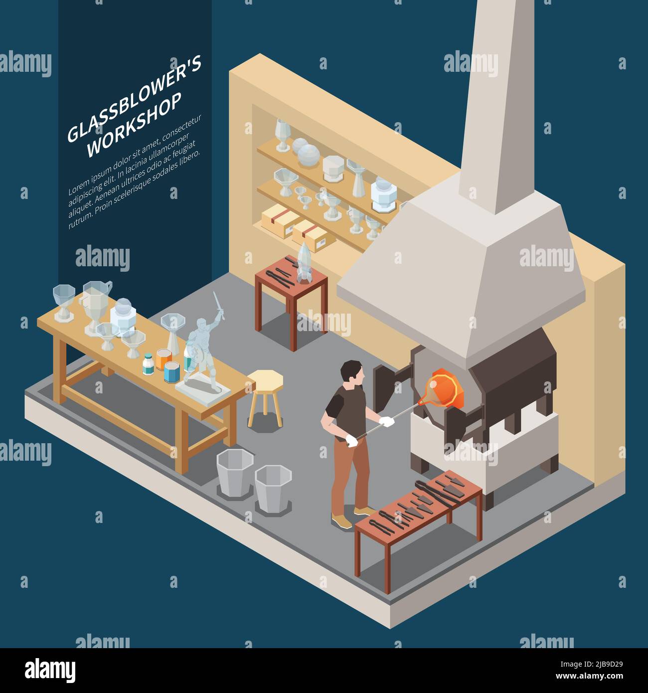 Glass production isometric background composition with human character ...