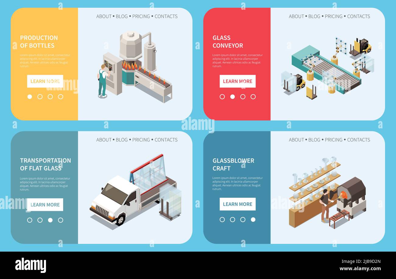 Glass production set of four horizontal banners with clickable buttons ...