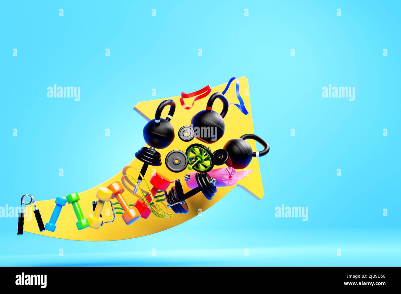 Sport equipment against the background of a growth graph on blue ...