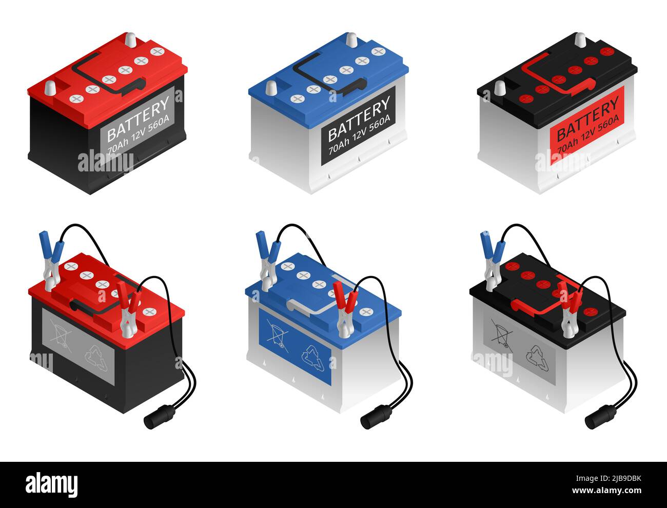 Automotive rechargeable car battery 6 isometric red blue black color ...