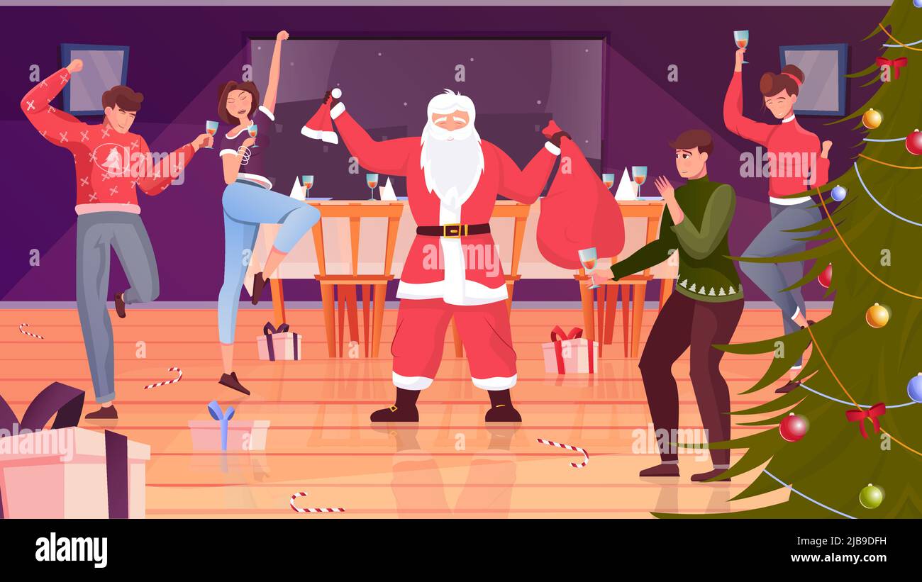 Christmas party flat background with santa claus and people celebrating ...