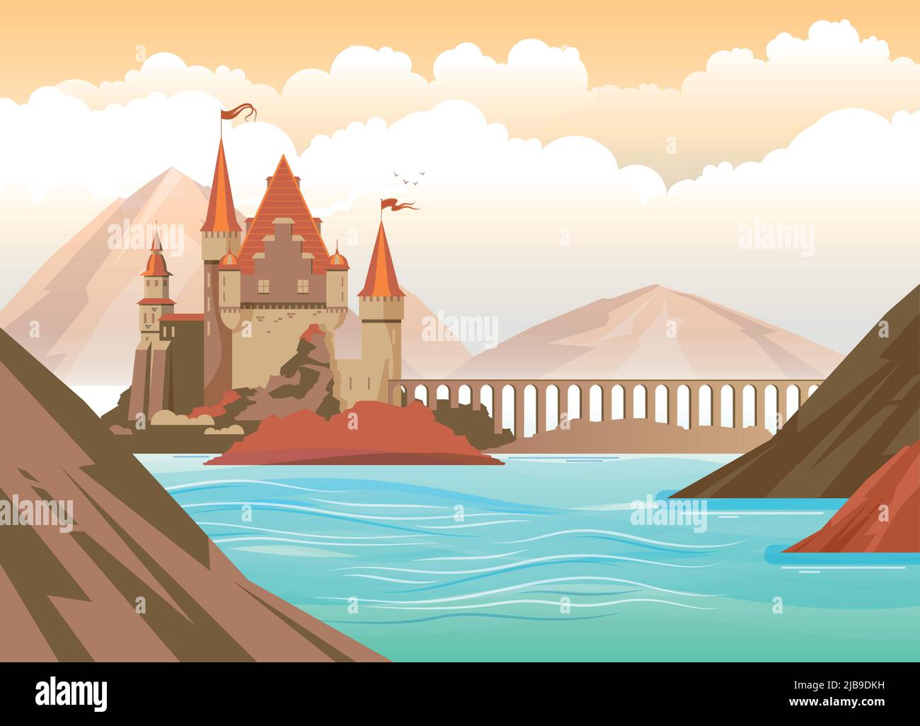 Flat landscape with medieval castle on rocks in sea vector illustration ...