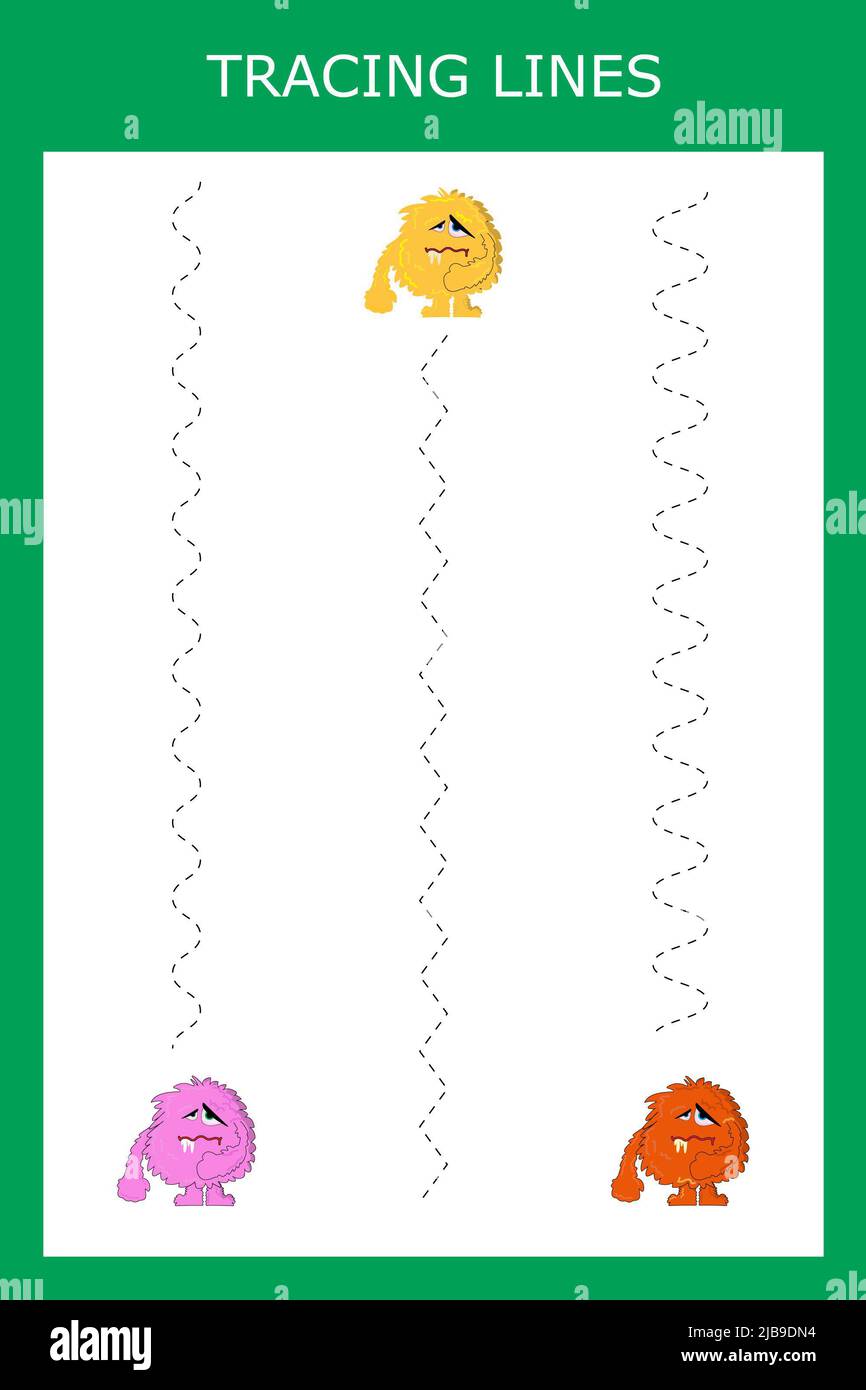 Trace line worksheet with monsters for kids, practicing fine motor ...