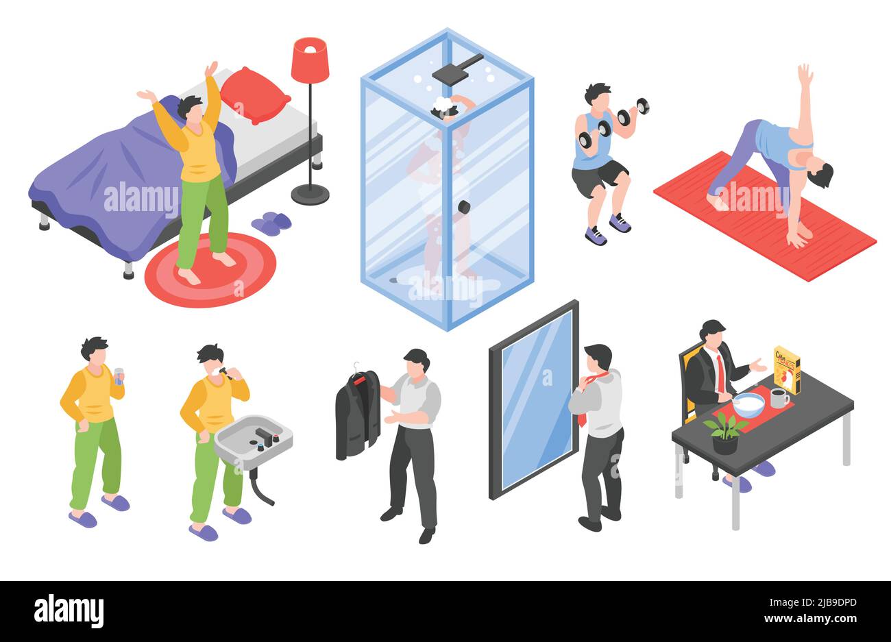 Morning routine men isometric set with hygiene and sports symbols ...