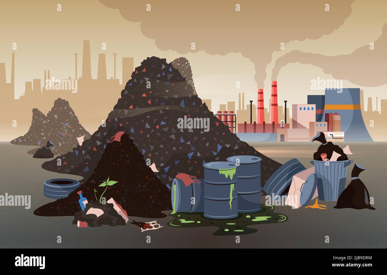 Polluted city area with mountains of rubbish toxic waste and working ...