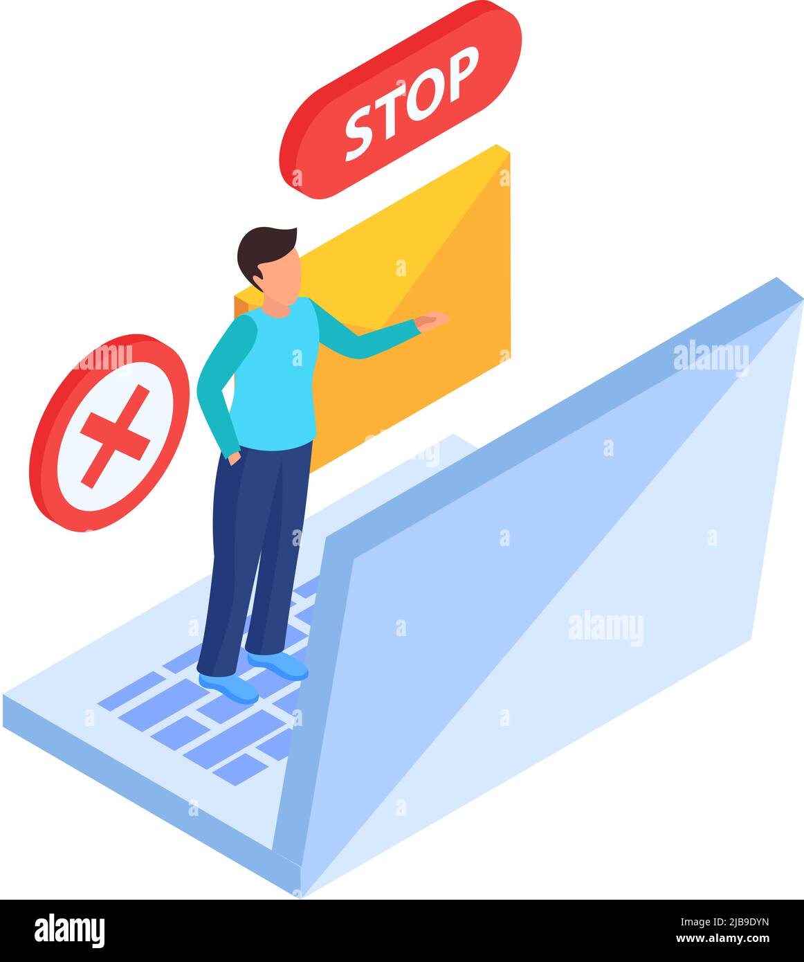 Internet website blocking isometric icon with laptop stop symbols human ...