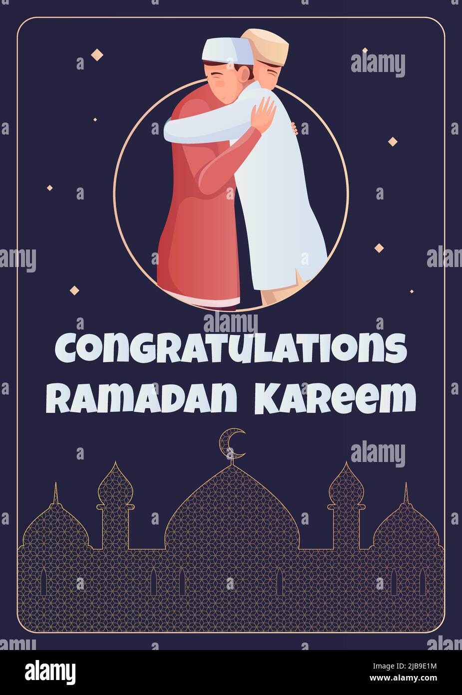 Ramadan flat greeting card with two hugging muslims and mosque ...