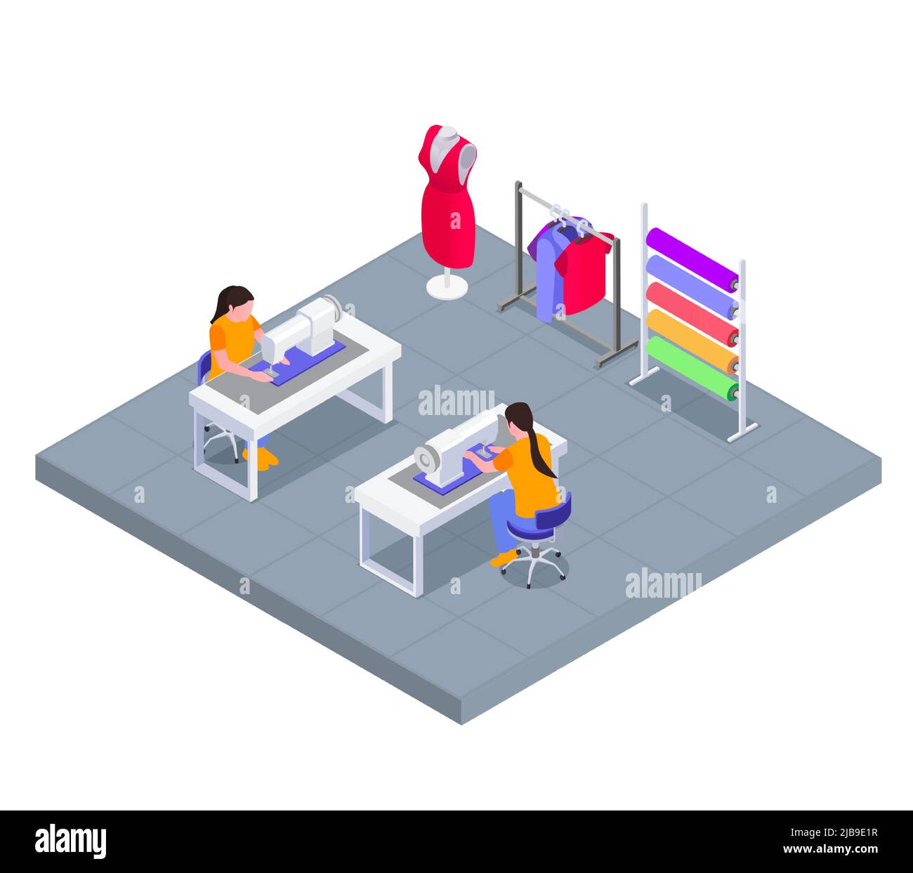 Textile mill workplace isometric concept with seamstress female ...