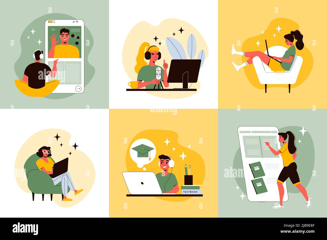 Distance learning design concept with doodle human characters with ...