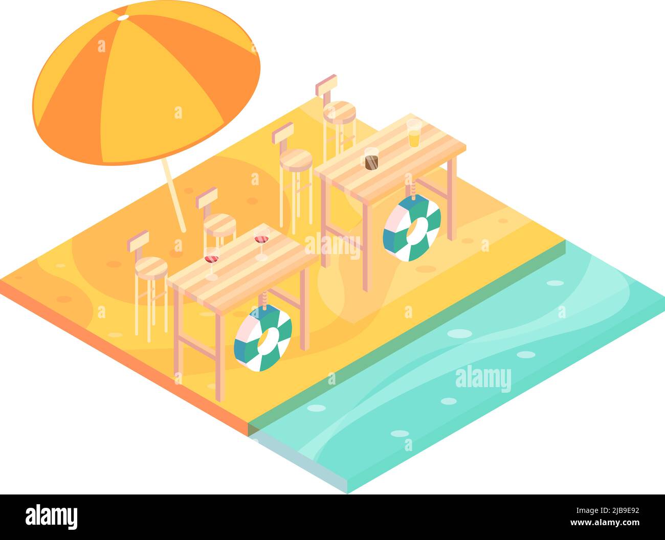 Isometric tropical rest icon with bar on sandy beach and umbrella 3d ...