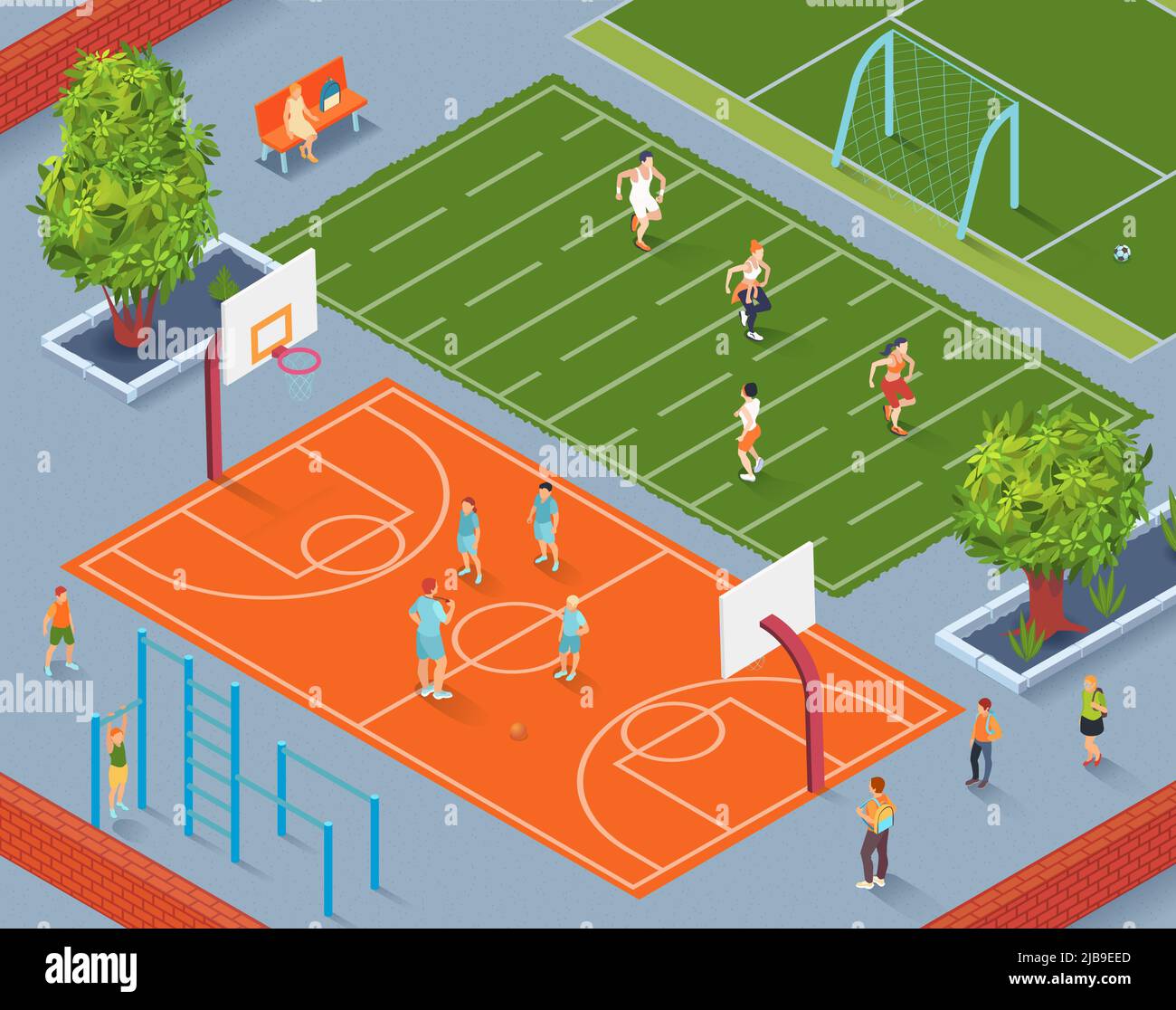 School sports ground isometric background with coach training pupils at ...
