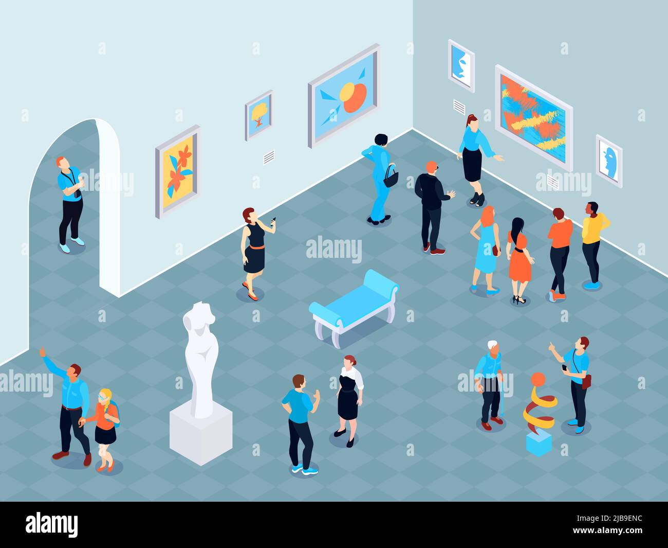 Isometric guide excursion art museum composition with indoor view of ...