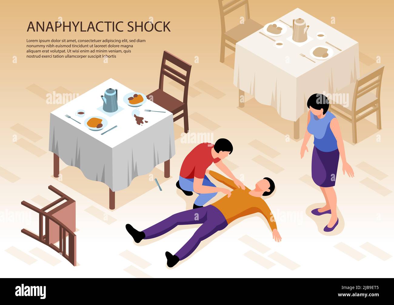 Two people caring of man with allergy and anaphylactic shock lying on floor in restaurant 3d ...